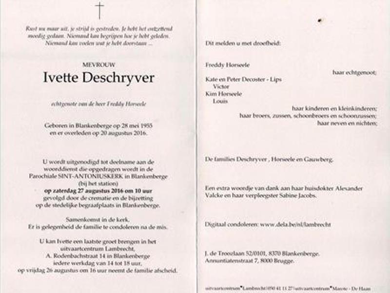 OVERLIJDEN IVETTE DESCHRYVER, SCHOONMOEDER VAN PETER LIPS, LERAAR ...